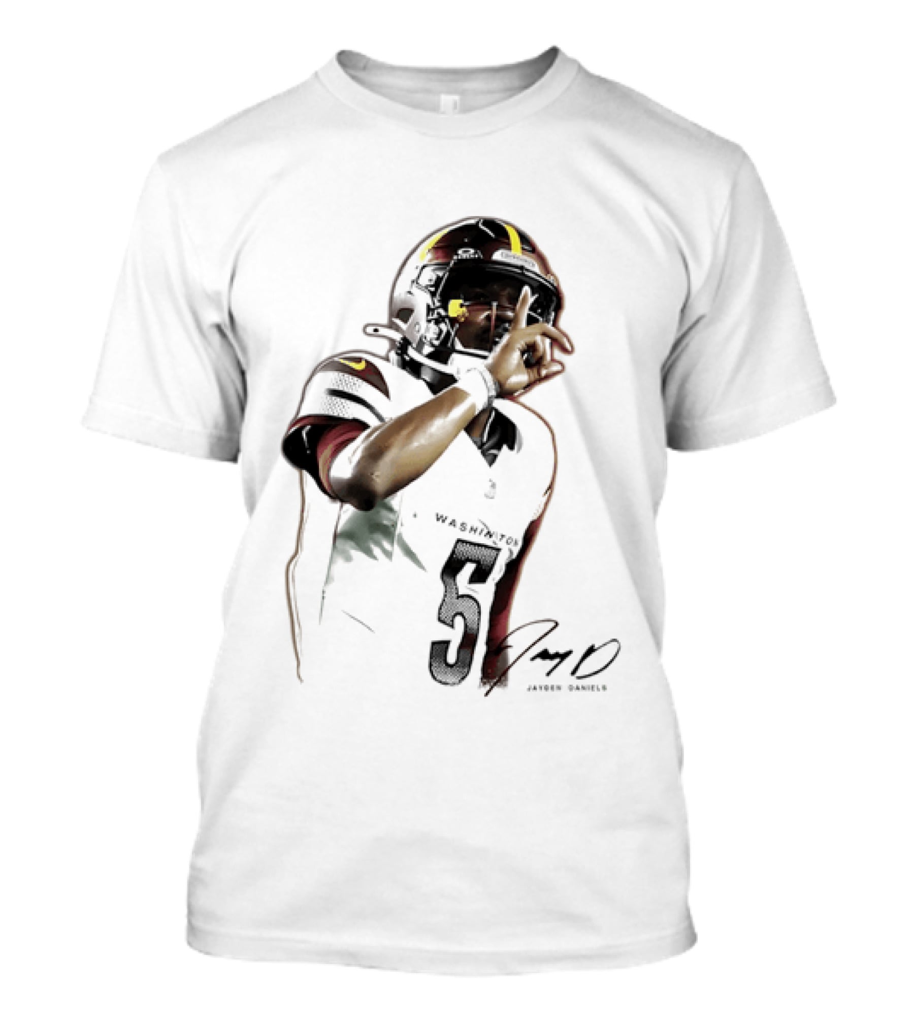 Washington Commanders Jayden Daniels Quarterback Finger To Lips Photo Cutout T-Shirt