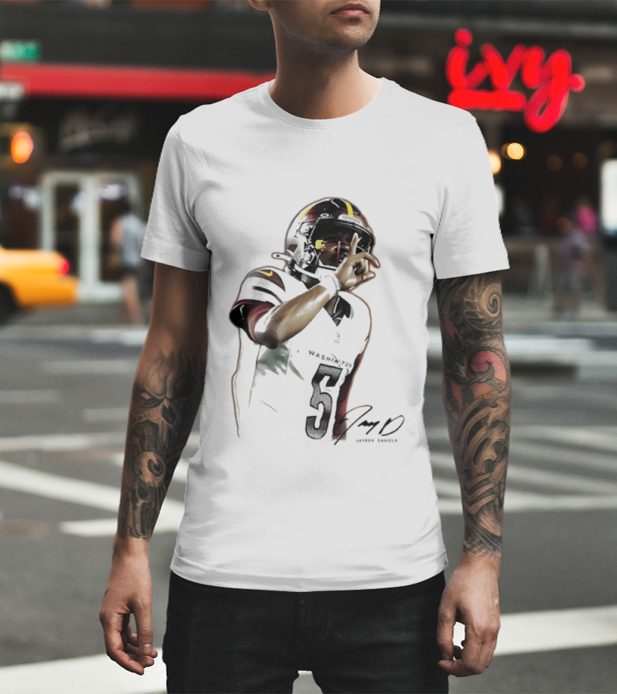 Washington Commanders Jayden Daniels Quarterback Finger To Lips Photo Cutout T-Shirt