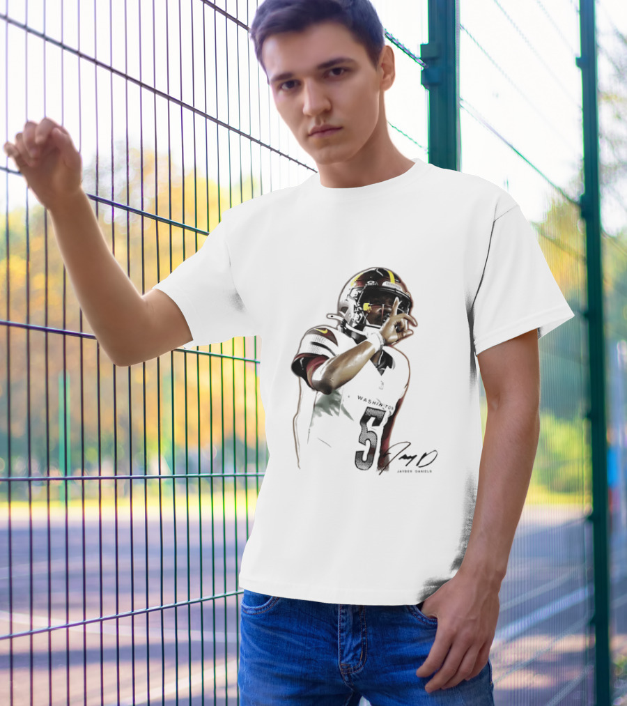 Washington Commanders Jayden Daniels Quarterback Finger To Lips Photo Cutout T-Shirt