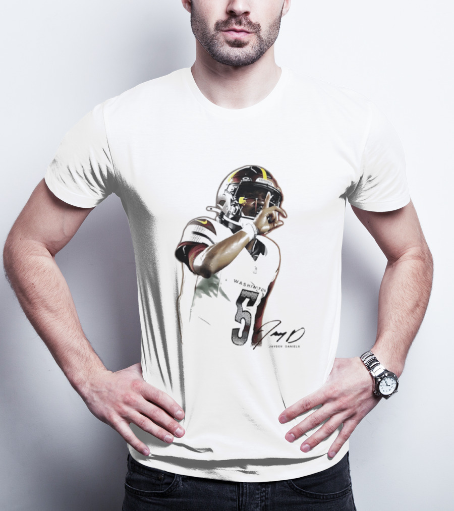 Washington Commanders Jayden Daniels Quarterback Finger To Lips Photo Cutout T-Shirt