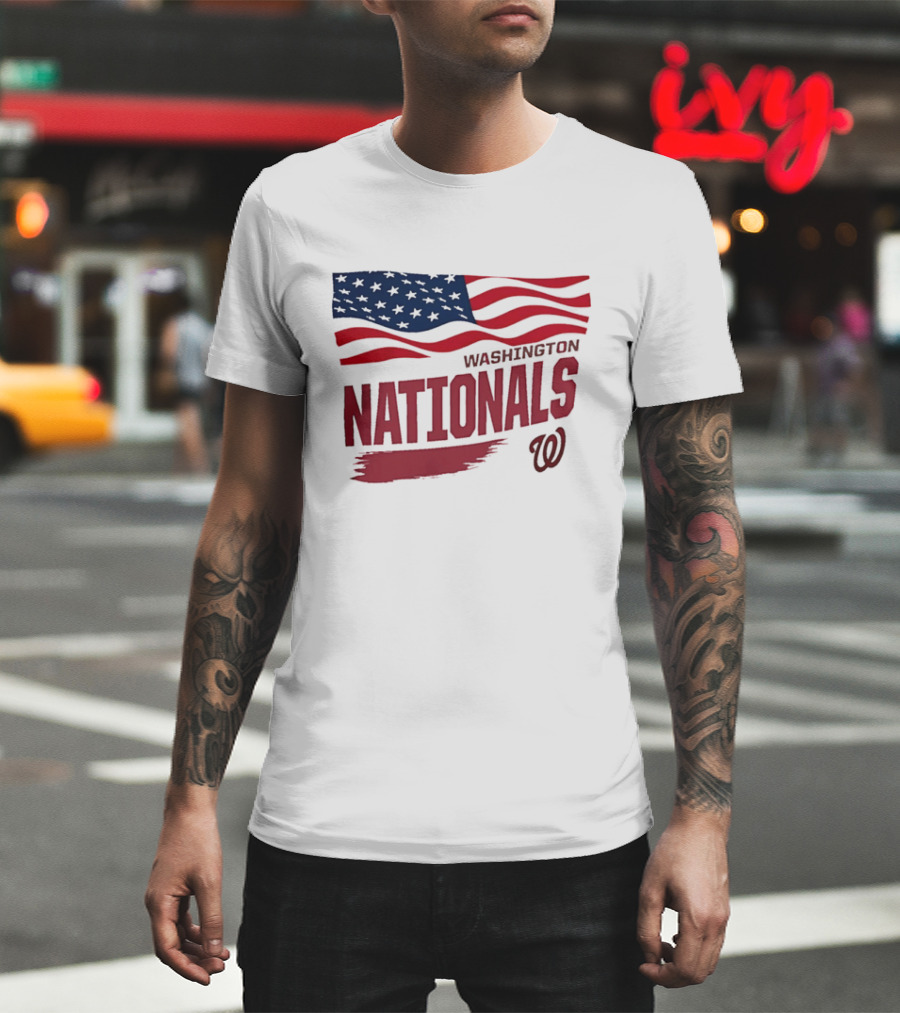 Washington Nationals Waving American Flag Red Brushstroke MLB T-Shirt