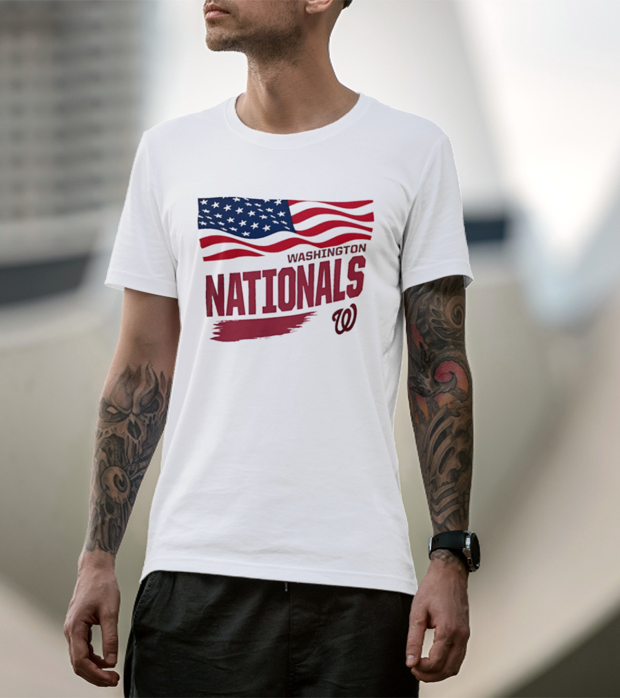 Washington Nationals Waving American Flag Red Brushstroke MLB T-Shirt