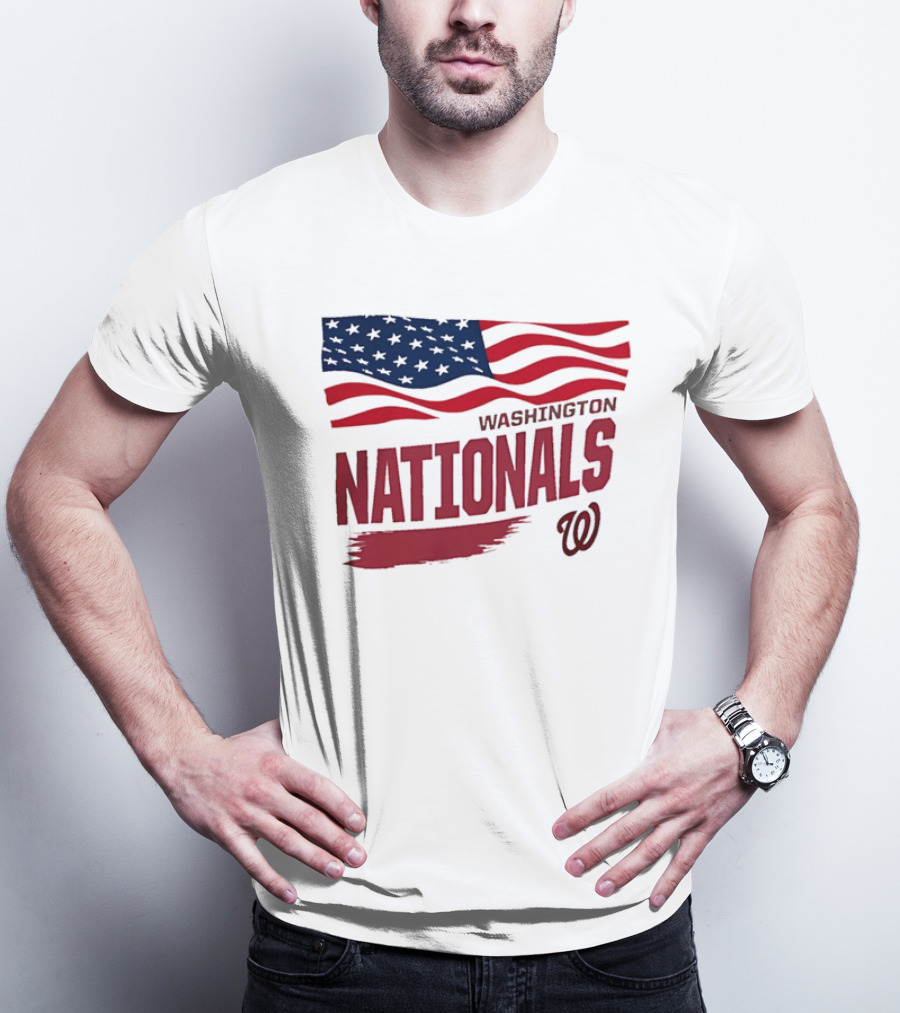 Washington Nationals Waving American Flag Red Brushstroke MLB T-Shirt