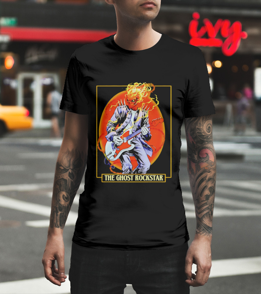 Ghost Rider The Ghost Rockstar Flaming Guitar Hero Fiery Skull T-Shirt