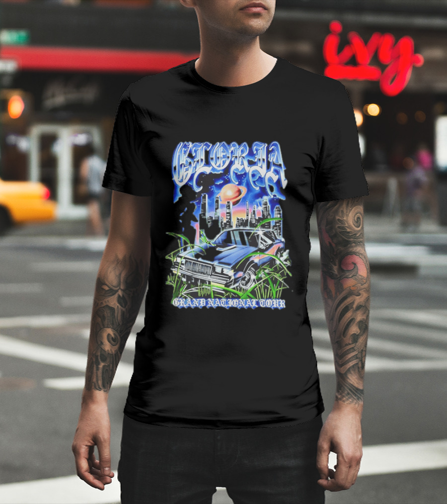 Gloria Grand National Tour Classic Car City Skyline Planet T-Shirt