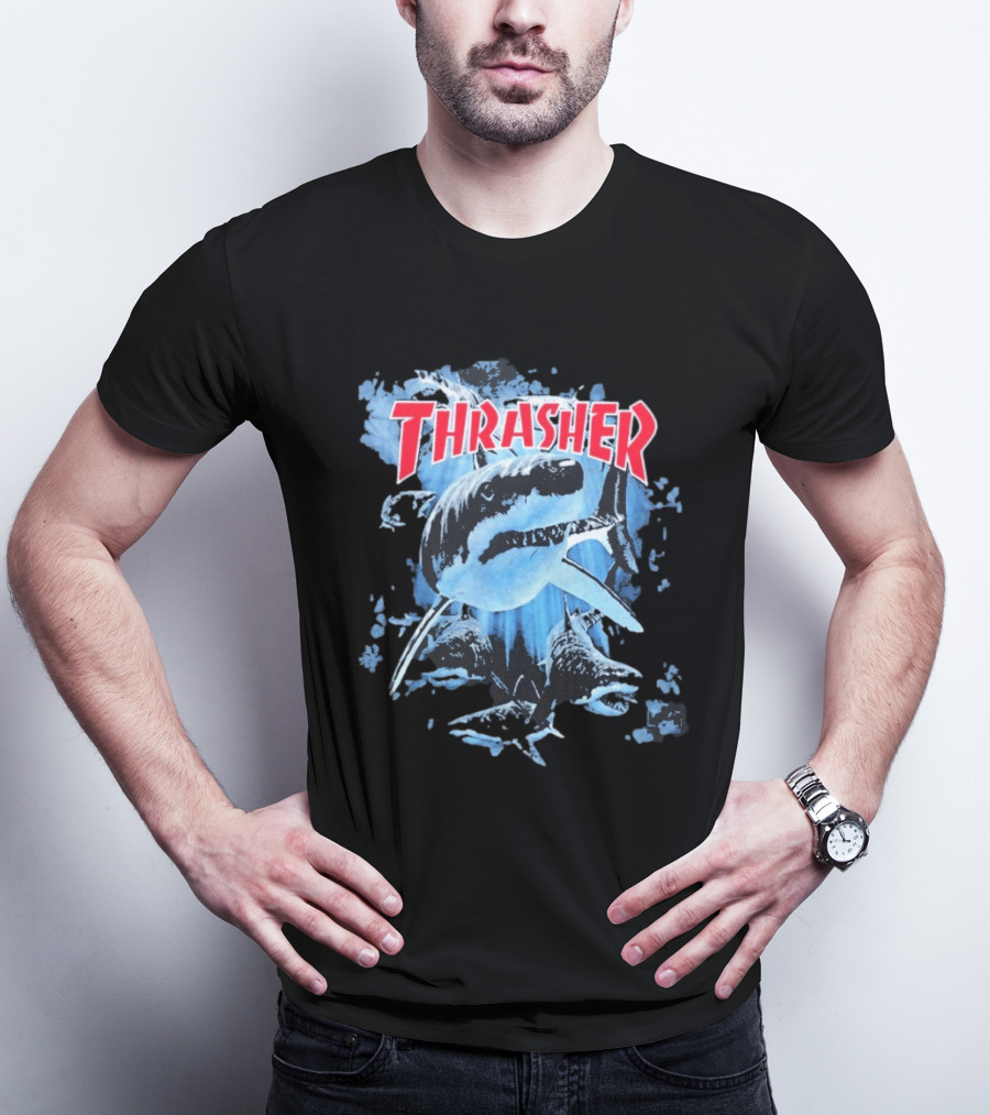 Thrasher Shark Blue Print Skateboarding T-Shirt