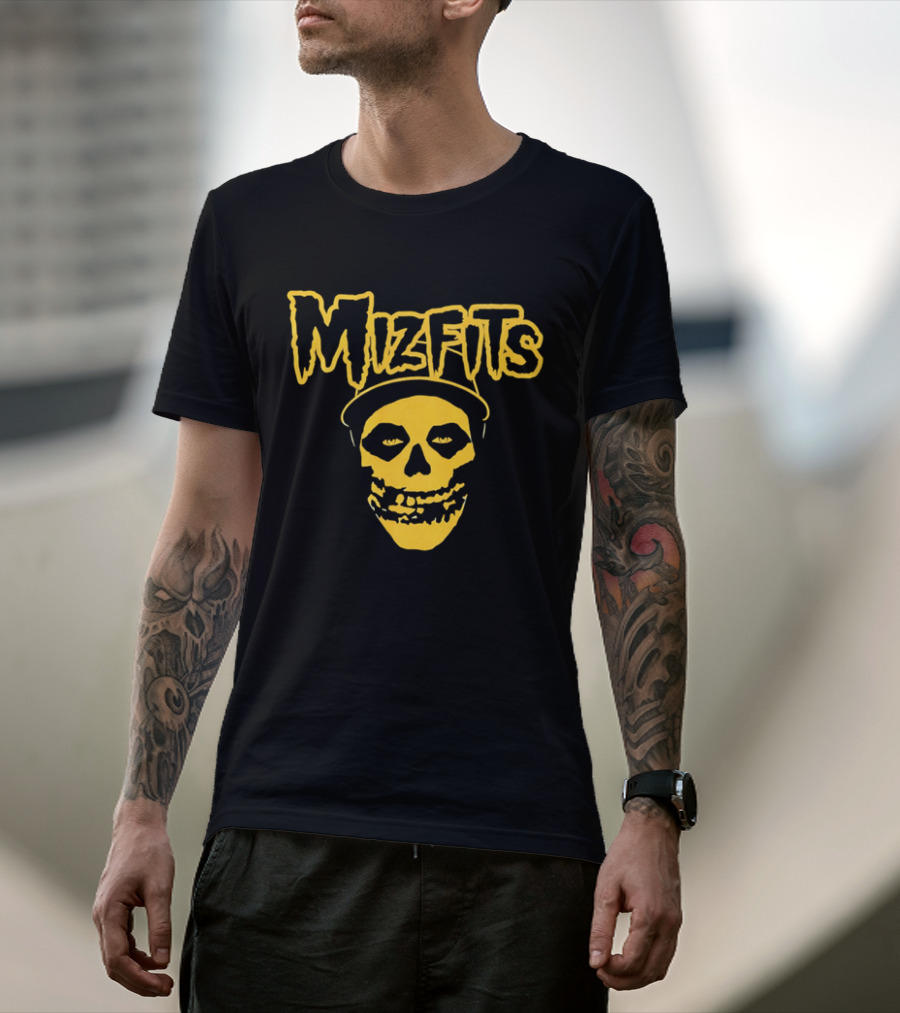 Mizfits Yellow Dripping Horror Font Skull In Baseball Cap T-Shirt