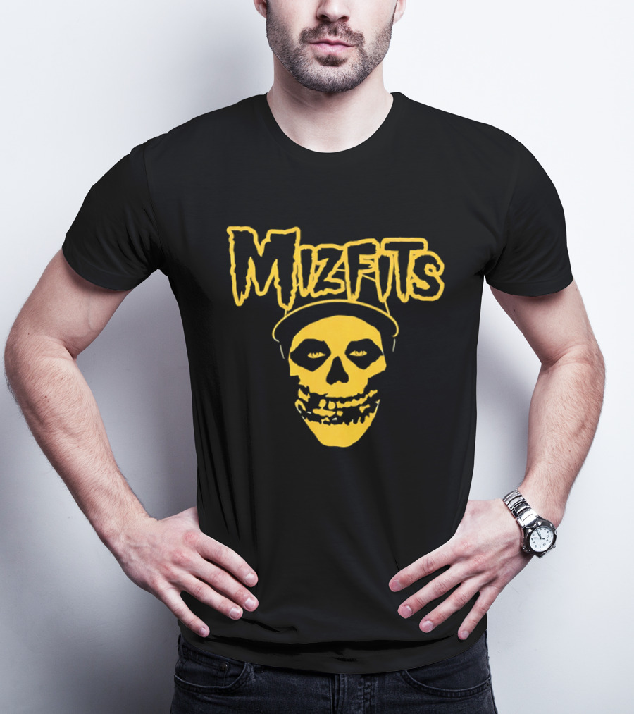 Mizfits Yellow Dripping Horror Font Skull In Baseball Cap T-Shirt
