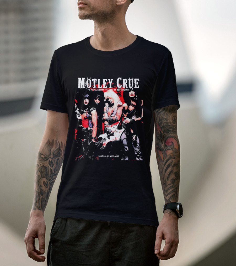 Motley Crue Visual History 1983 2005 Neil Zlozower Nikki Sixx Band Photo White Guitar T-Shirt