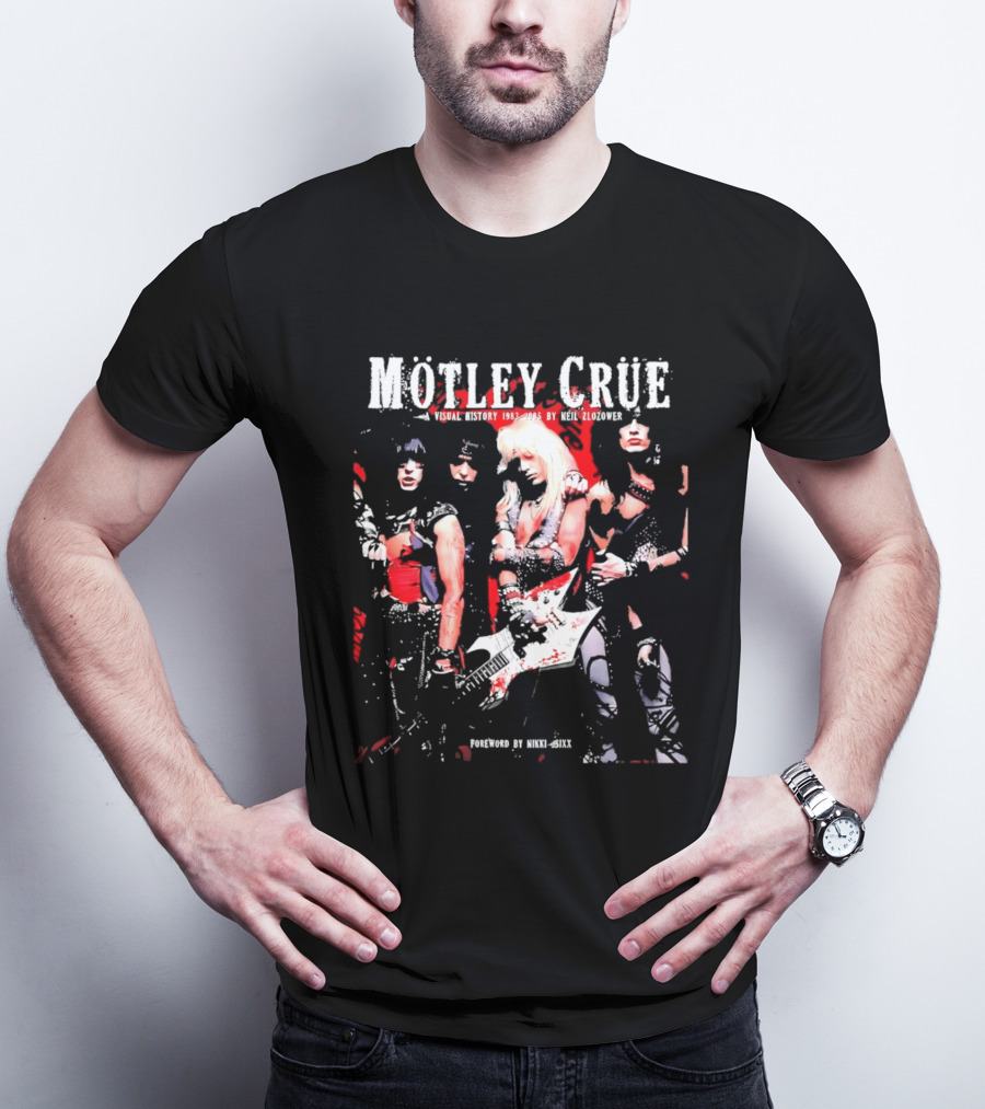 Motley Crue Visual History 1983 2005 Neil Zlozower Nikki Sixx Band Photo White Guitar T-Shirt