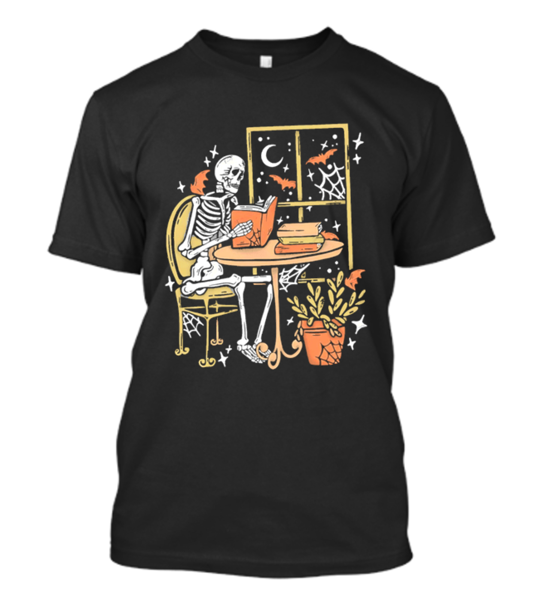 Cartoon Skeleton Reading Under Crescent Moon With Bats Orange Book Table Window T-Shirt