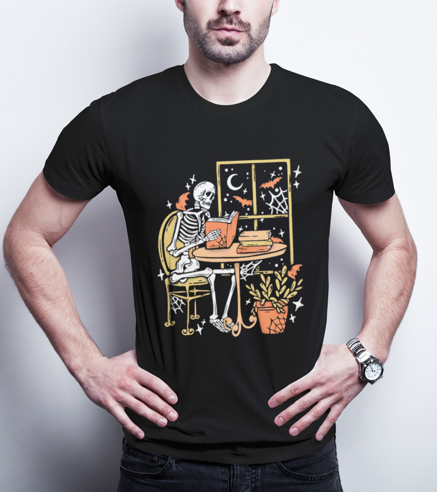 Cartoon Skeleton Reading Under Crescent Moon With Bats Orange Book Table Window T-Shirt