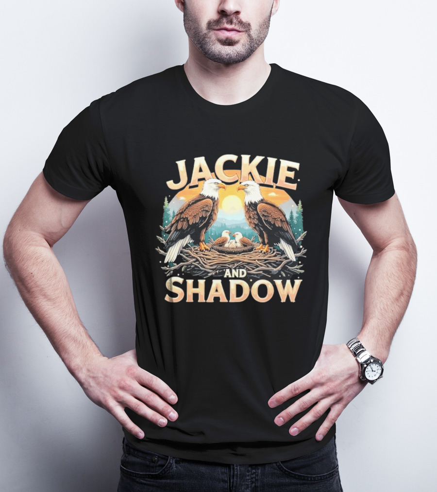 Jackie And Shadow American Eagles Family In Nest With Mountains And Sun T-Shirt