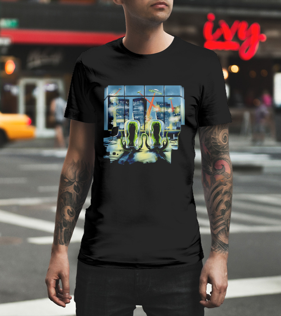 Project Rigel Alien Invasion City Battle Scene With Flying Saucers And Lasers T-Shirt