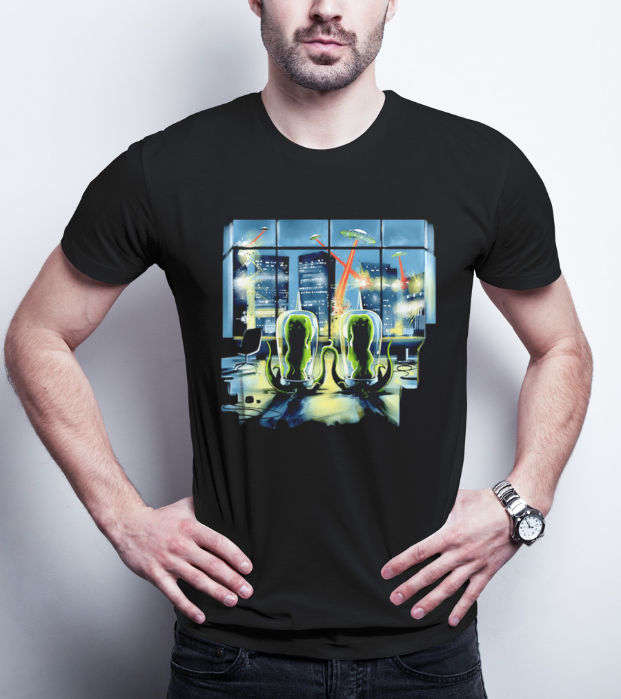 Project Rigel Alien Invasion City Battle Scene With Flying Saucers And Lasers T-Shirt