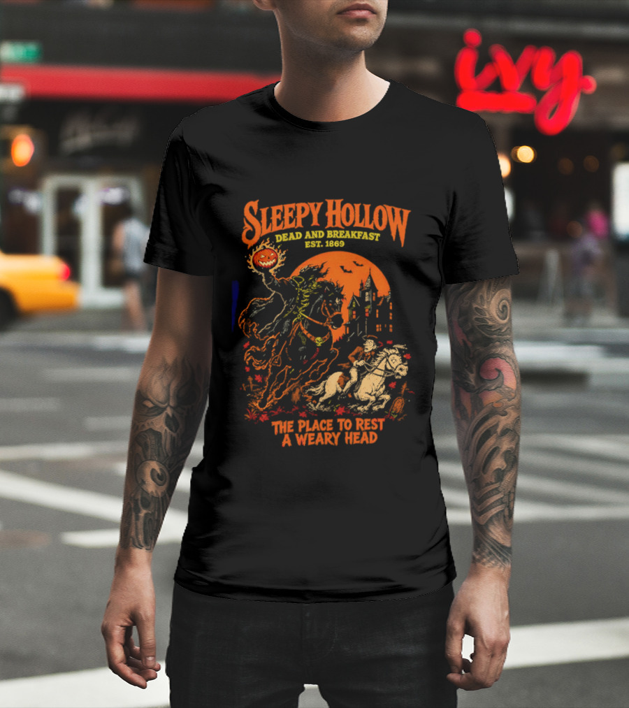 Sleepy Hollow Dead And Breakfast Est 1820 Headless Horseman The Place To Rest A Weary Head Halloween Pumpkin T-Shirt