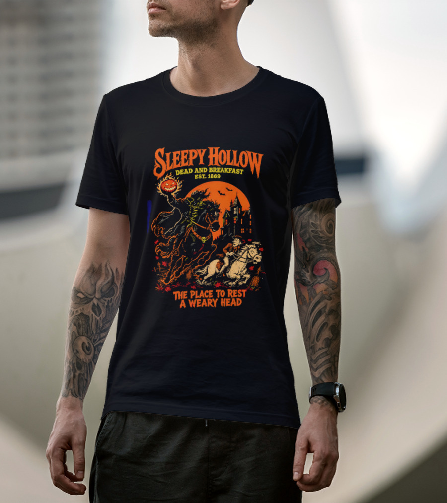 Sleepy Hollow Dead And Breakfast Est 1820 Headless Horseman The Place To Rest A Weary Head Halloween Pumpkin T-Shirt