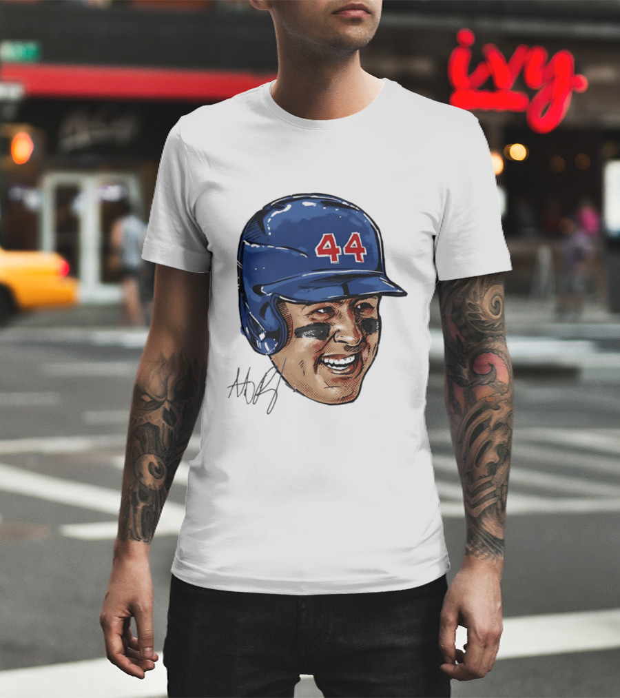 Anthony Rizzo 44 Blue Helmet Halftone Caricature T-Shirt