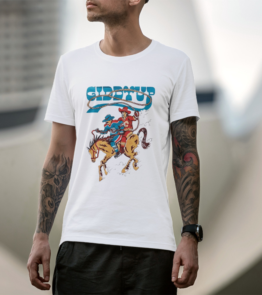 Calgary Flames Edmonton Oilers NHL Hockey Players Giddyup Cartoon Riding Bucking Horse Lasso T-Shirt