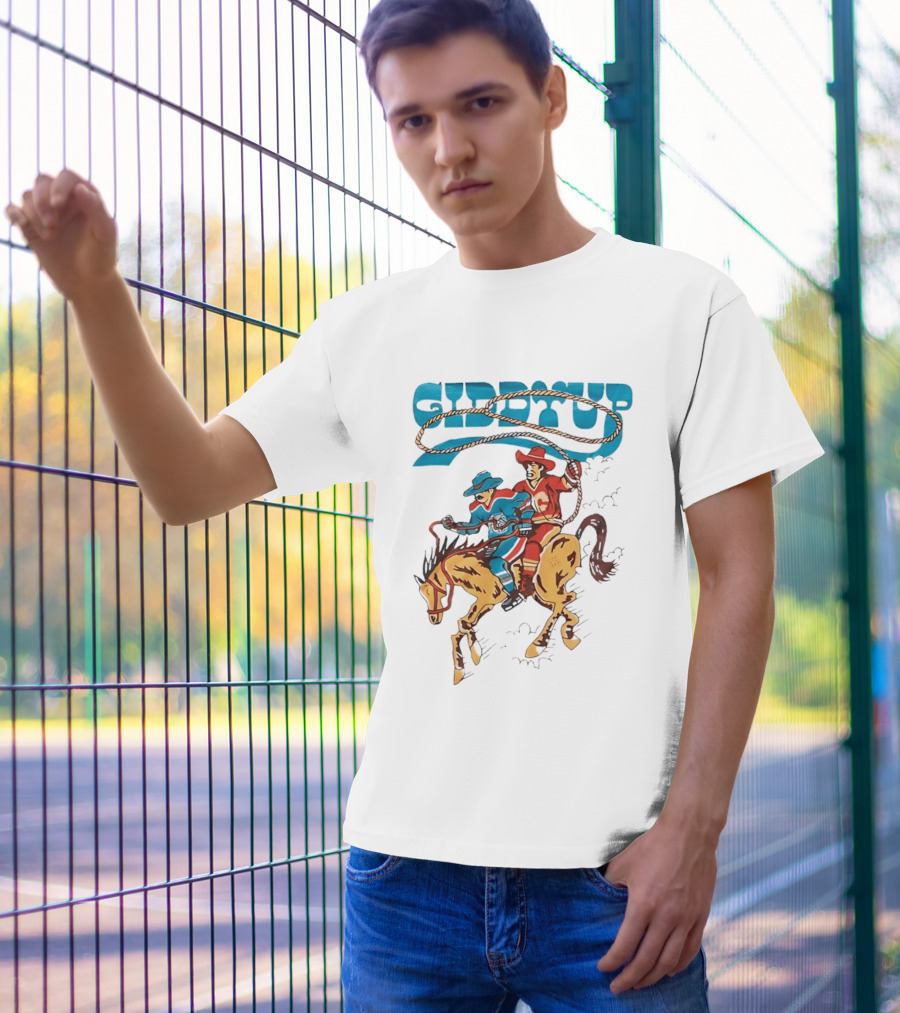 Calgary Flames Edmonton Oilers NHL Hockey Players Giddyup Cartoon Riding Bucking Horse Lasso T-Shirt