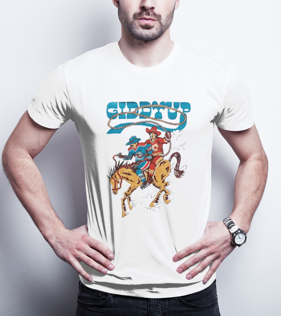 Calgary Flames Edmonton Oilers NHL Hockey Players Giddyup Cartoon Riding Bucking Horse Lasso T-Shirt
