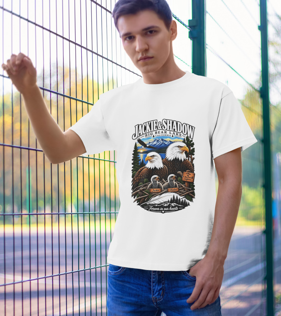 Jackie And Shadow Big Bear Lake California Bald Eagles Eaglets Nest Forever In Our Hearts Sunset Mountain T-Shirt