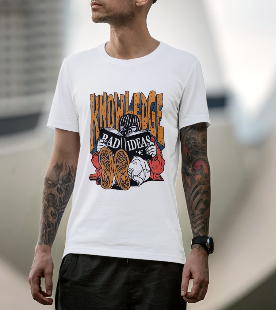 Knowledge Bad Ideas Elyski Balaclava Reading Book Shoe Soles Halftone Cartoon T-Shirt