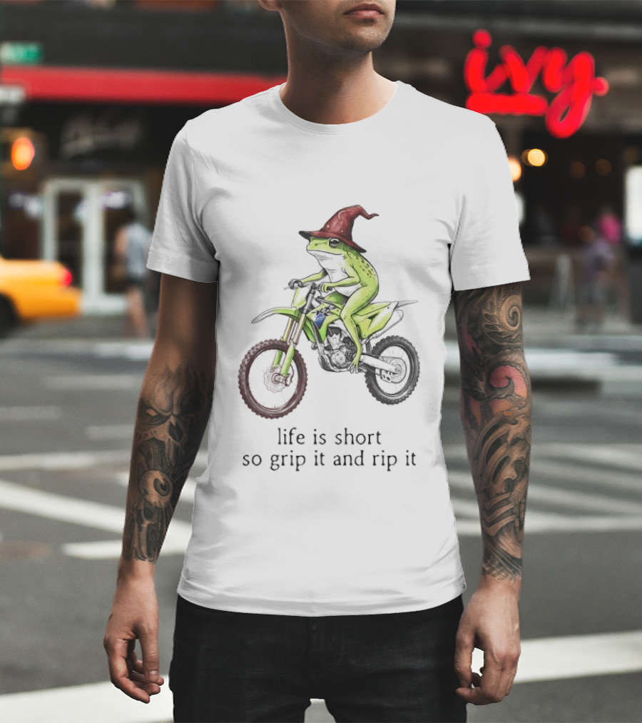 Life Is Short So Grip It And Rip It Frog Red Wizard Hat Green Dirt Bike Adventure T-Shirt