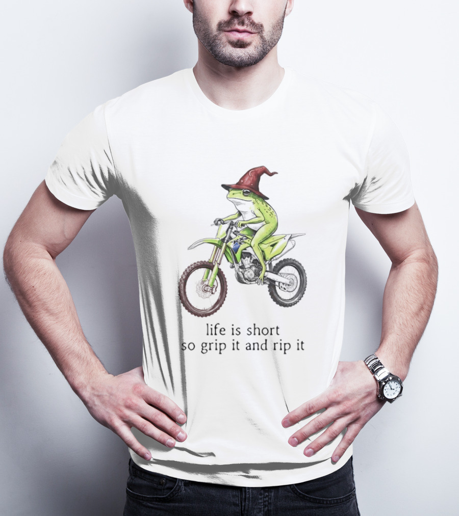 Life Is Short So Grip It And Rip It Frog Red Wizard Hat Green Dirt Bike Adventure T-Shirt