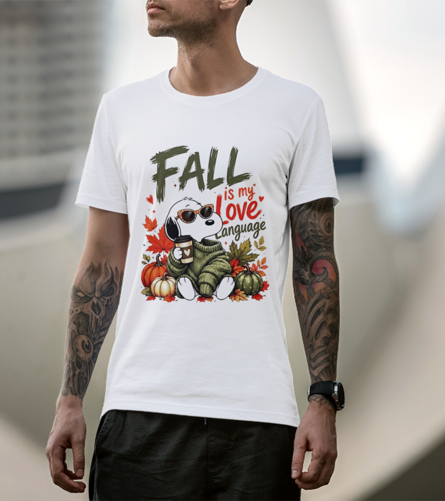 Fall Is My Love Language Cartoon Dog Cozy Green Sweater Pumpkins Leaves Coffee T-Shirt