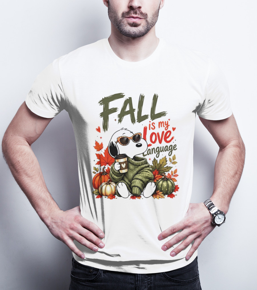 Fall Is My Love Language Cartoon Dog Cozy Green Sweater Pumpkins Leaves Coffee T-Shirt