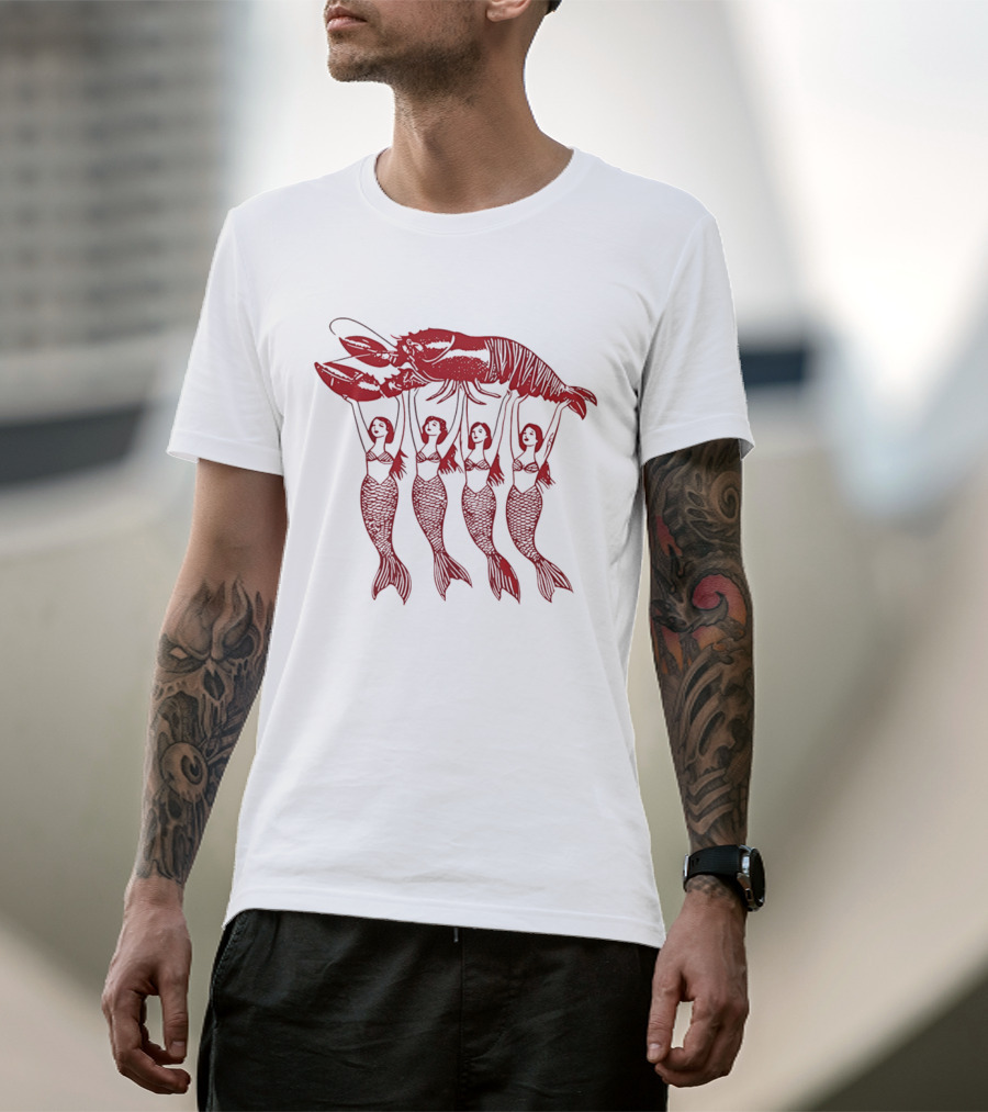 Four Mermaids Holding A Lobster Vintage Red Sea Creature T-Shirt