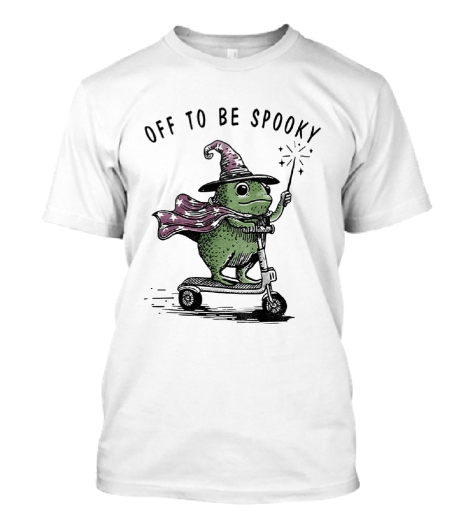 Frog Wizard On Scooter With Cape Off To Be Spooky Magic Wand T-Shirt