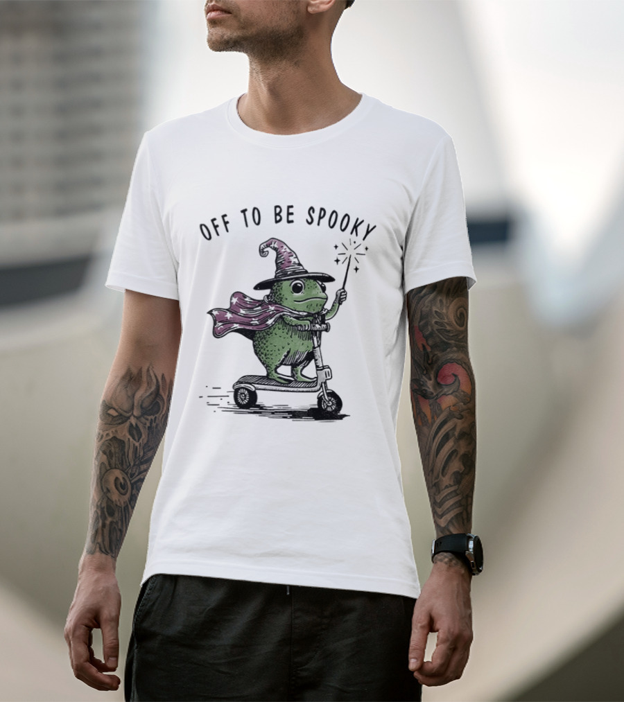 Frog Wizard On Scooter With Cape Off To Be Spooky Magic Wand T-Shirt