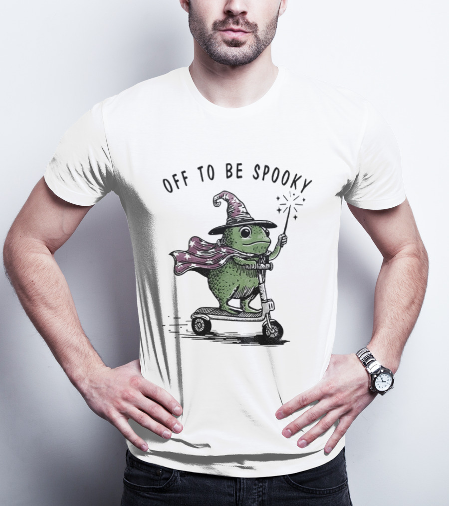 Frog Wizard On Scooter With Cape Off To Be Spooky Magic Wand T-Shirt