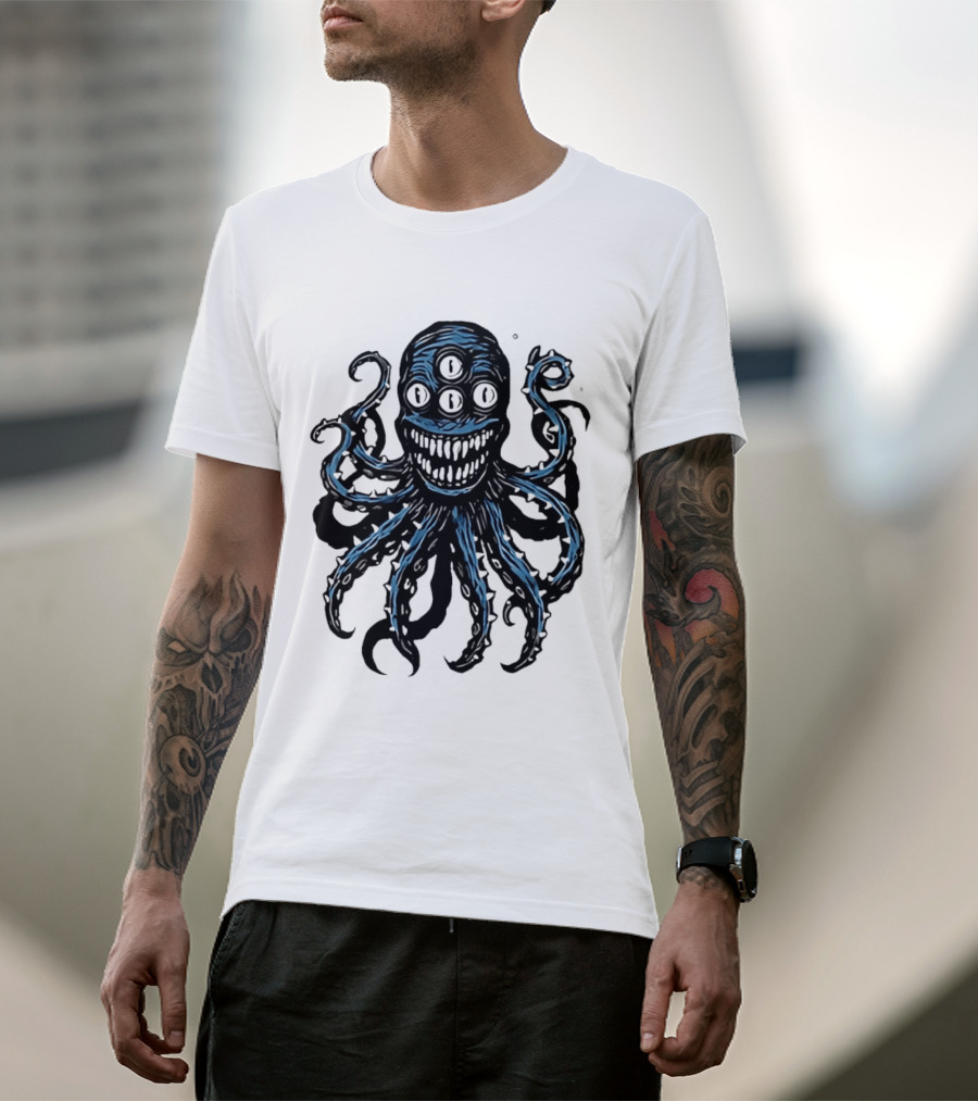 Monstrous Spiky Tentacles Blue Octopus Woodcut T-Shirt