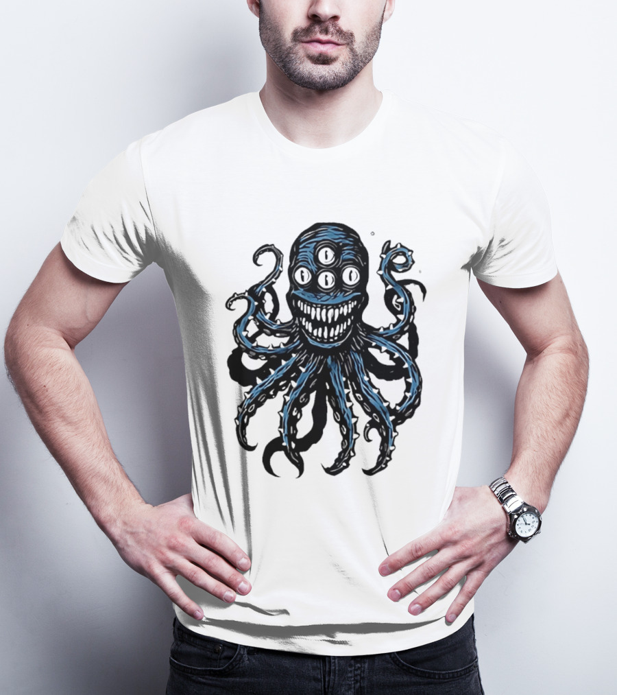 Monstrous Spiky Tentacles Blue Octopus Woodcut T-Shirt