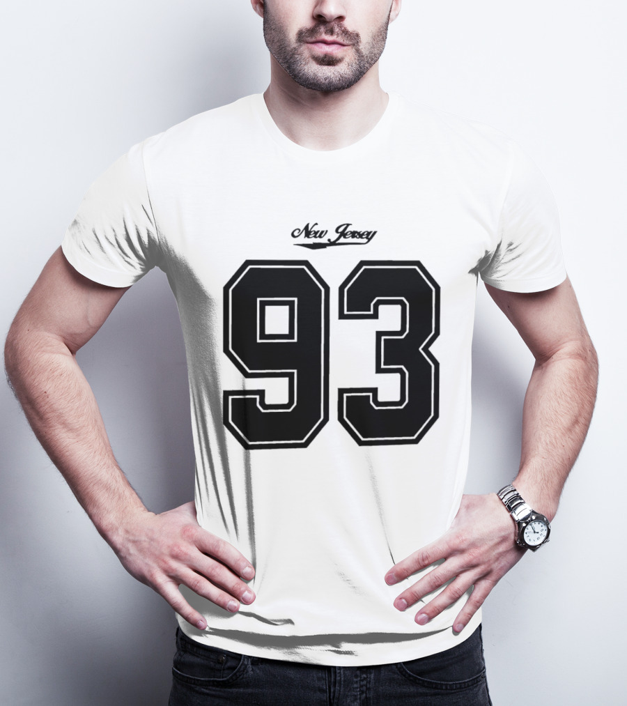 New Jersey 93 Cursive Script Black Varsity Block Number T-Shirt