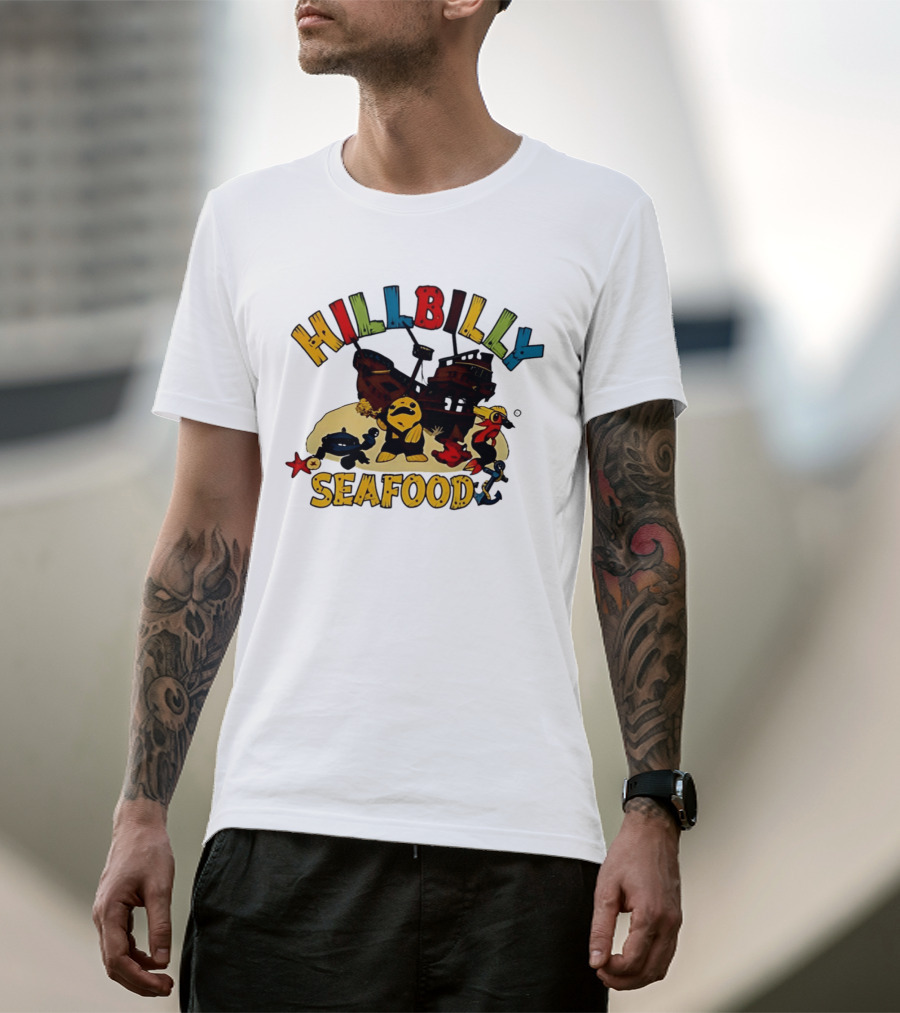 Hillbilly Seafood Cartoon Pirate Ship And Ocean Life Fish Adventure T-Shirt