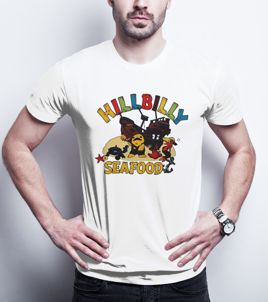 Hillbilly Seafood Cartoon Pirate Ship And Ocean Life Fish Adventure T-Shirt