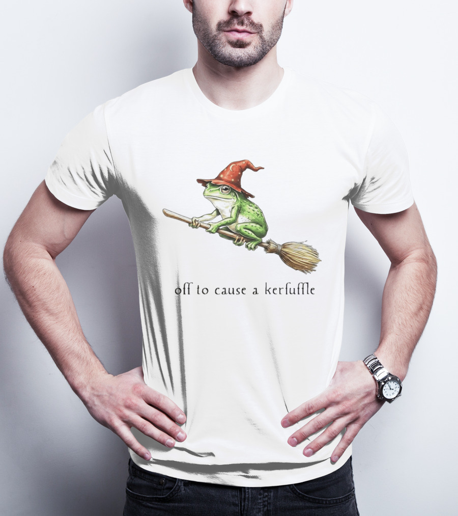 Off To Cause A Kerfuffle Frog Wizard Hat Broomstick Adventure T-Shirt