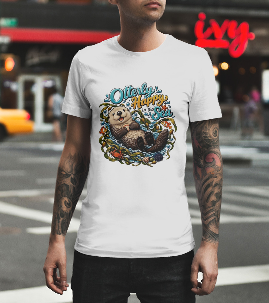 Otterly Happy In The Sea Cartoon Otter Floating With Kelp, Shell, Fish, Crab T-Shirt