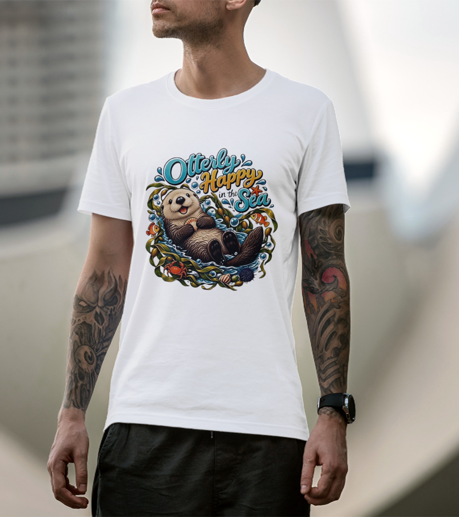 Otterly Happy In The Sea Cartoon Otter Floating With Kelp, Shell, Fish, Crab T-Shirt