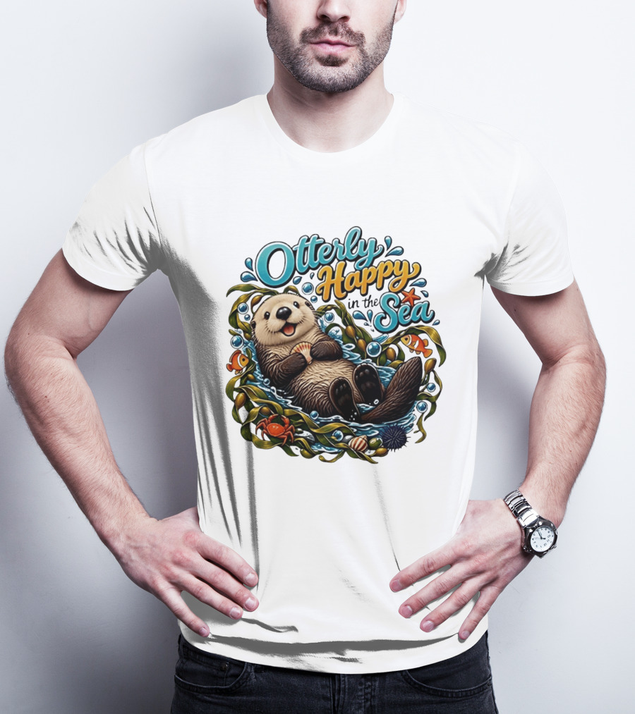 Otterly Happy In The Sea Cartoon Otter Floating With Kelp, Shell, Fish, Crab T-Shirt
