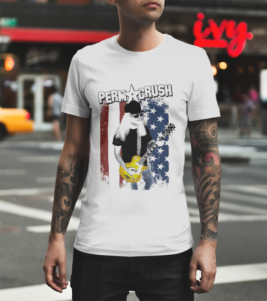 Perm A Crush Long Blonde Hair Yellow Guitar American Flag T-Shirt