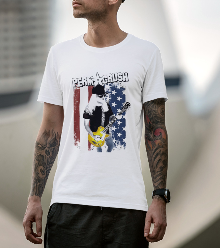 Perm A Crush Long Blonde Hair Yellow Guitar American Flag T-Shirt