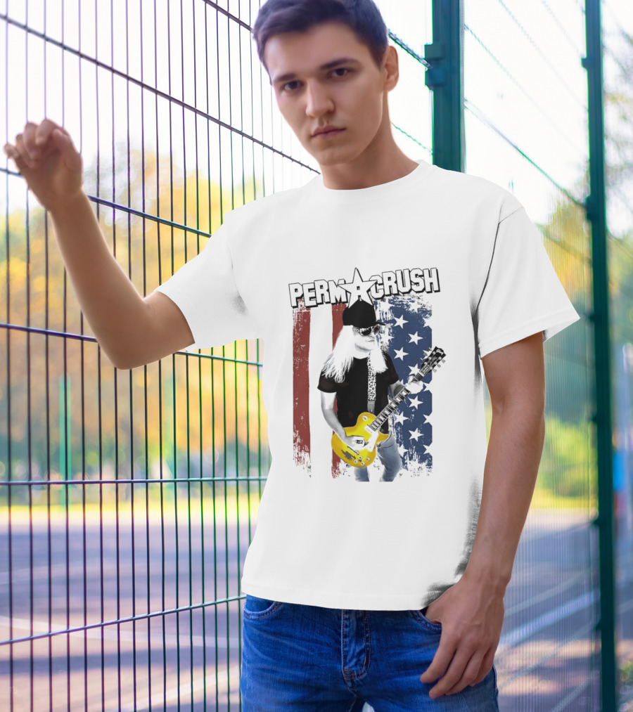 Perm A Crush Long Blonde Hair Yellow Guitar American Flag T-Shirt