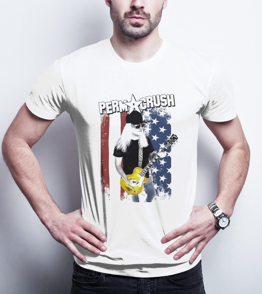 Perm A Crush Long Blonde Hair Yellow Guitar American Flag T-Shirt