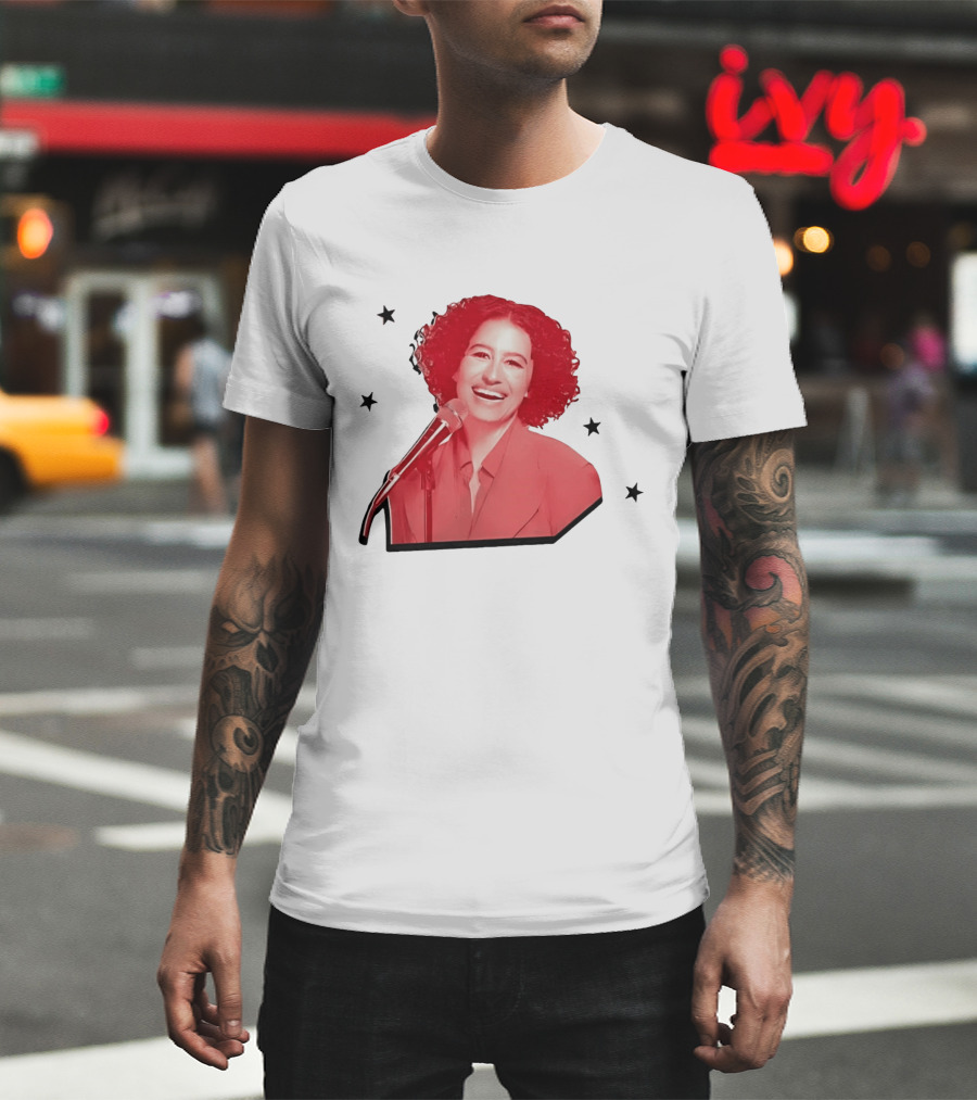 Red Tinted Woman Curly Hair Microphone Black Stars T-Shirt