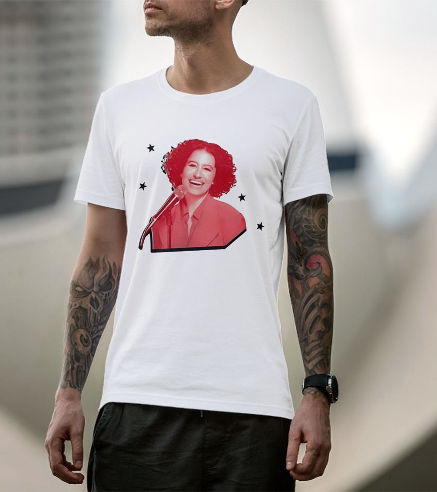 Red Tinted Woman Curly Hair Microphone Black Stars T-Shirt